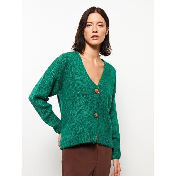 V Yaka Düz Uzun Kollu Kadın Triko Hırka