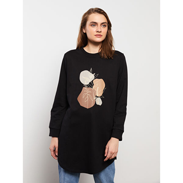 Bisiklet Yaka Baskılı Uzun Kollu Kadın Tunik