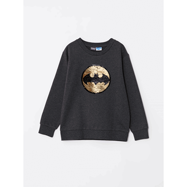 Bisiklet Yaka Batman ve Superman Nakışlı Çift Yönlü Payetli Uzun Kollu Erkek Çocuk Sweatshirt