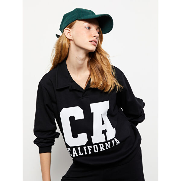 Polo Yaka Baskılı Uzun Kollu Kadın Sweatshirt