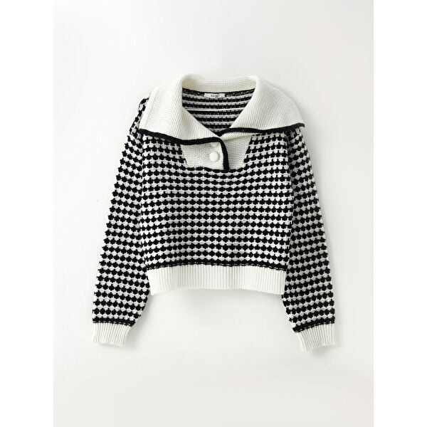 Polo Yaka Desenli Uzun Kollu Kadın Triko Kazak