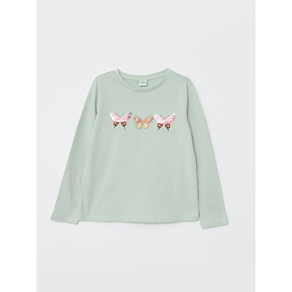 Bisiklet Yaka Nakışlı Uzun Kollu Kız Çocuk Tişört