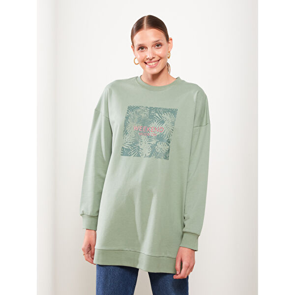 Bisiklet Yaka Baskılı Uzun Kollu Oversize Kadın Tunik