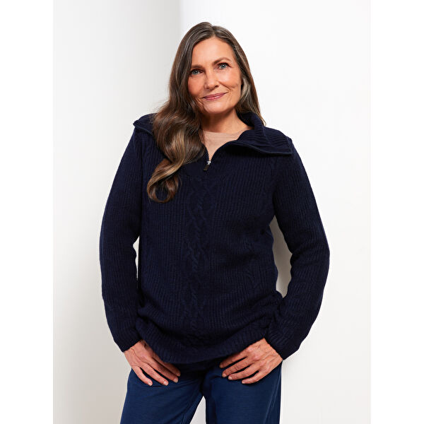 Polo Yaka Düz Uzun Kollu Kadın Triko Kazak