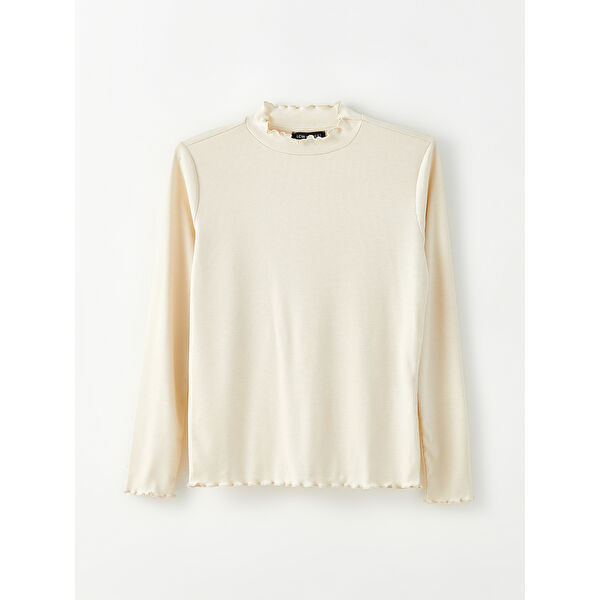 Fırfırlı Dik Yaka Düz Uzun Kollu Kadın Tişört