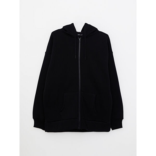 Kapüşonlu Düz Uzun Kollu Kadın Spor Hırka