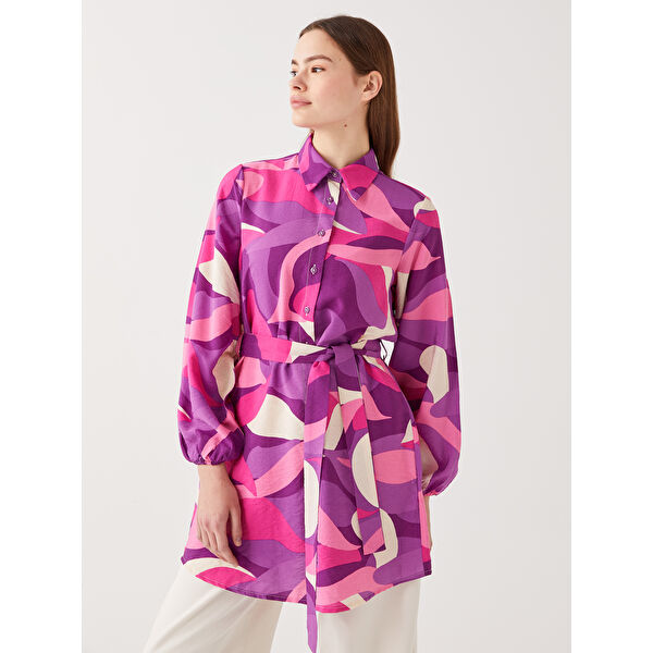 Gömlek Yaka Desenli Uzun Kollu Kadın Tunik