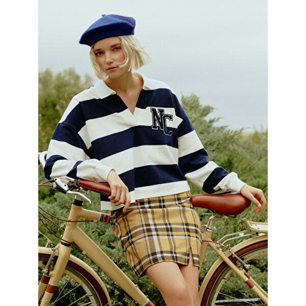 Polo Yaka Renk Bloklu Uzun Kollu Kadın Sweatshirt