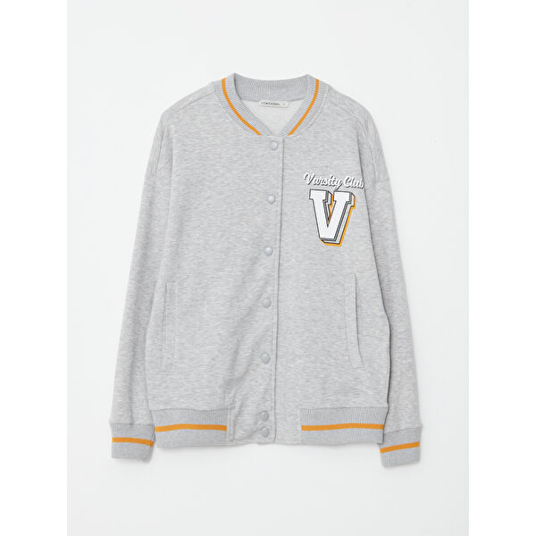 Kolej Yaka Baskılı Uzun Kollu Kadın Bomber Spor Hırka