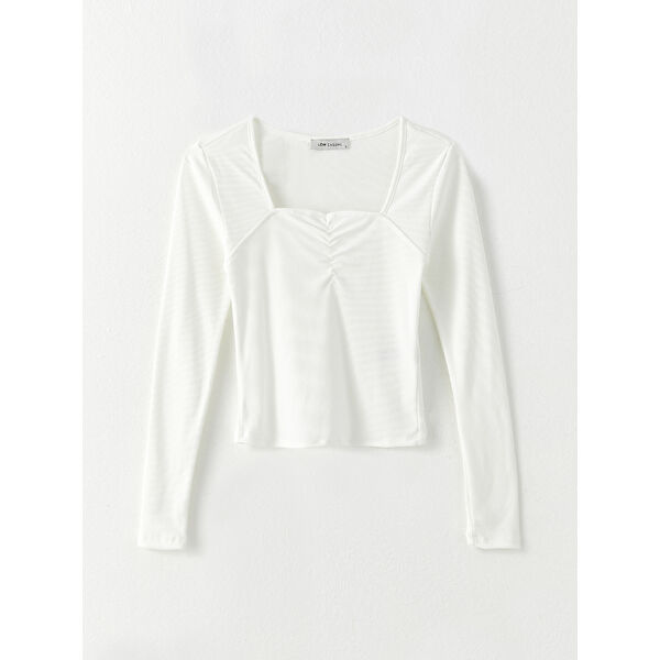 Kalp Yaka Düz Uzun Kollu Kadın Tişört