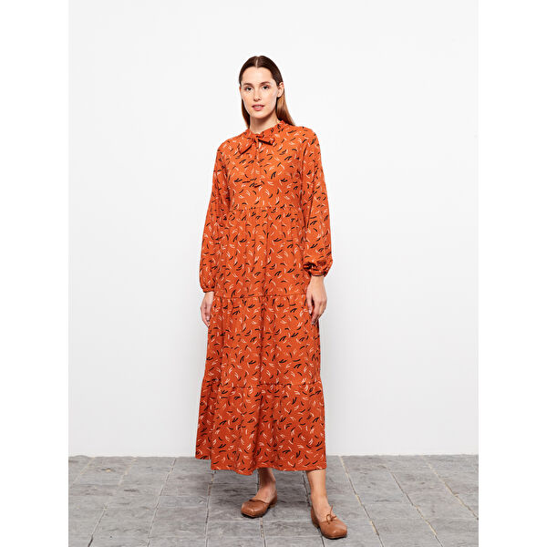 Bağlamalı Yaka Desenli Uzun Kollu Kadın Elbise