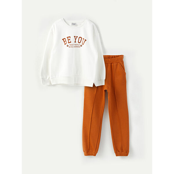 Bisiklet Yaka Baskılı Uzun Kollu Kız Çocuk Sweatshirt ve Eşofman Altı Bisiklet Yaka Baskılı Uzun Kollu Kız Çocuk Sweatshirt ve Eşofman Altı