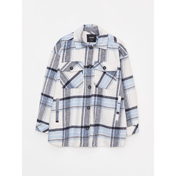 Önden Düğme Kapamalı Ekose Uzun Kollu Tüvit Kadın Gömlek Ceket