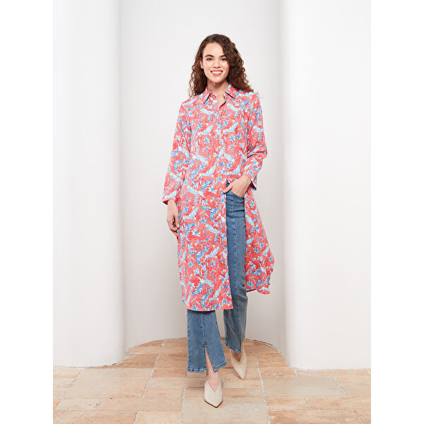 Gömlek Yaka Çiçekli Uzun Kollu Maroken Kadın Tunik