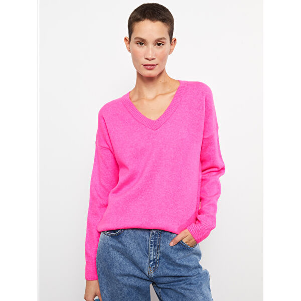 V Yaka Düz Uzun Kollu Kadın Triko Kazak