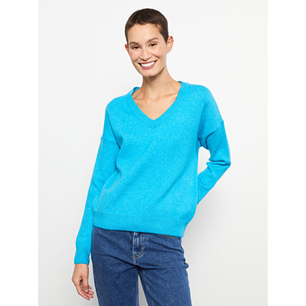 V Yaka Düz Uzun Kollu Kadın Triko Kazak