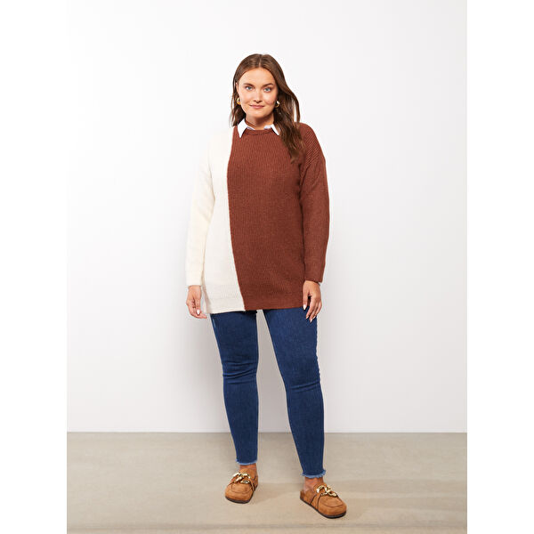 Büyük Beden Bisiklet Yaka Renk Bloklu Uzun Kollu Kadın Triko Kazak