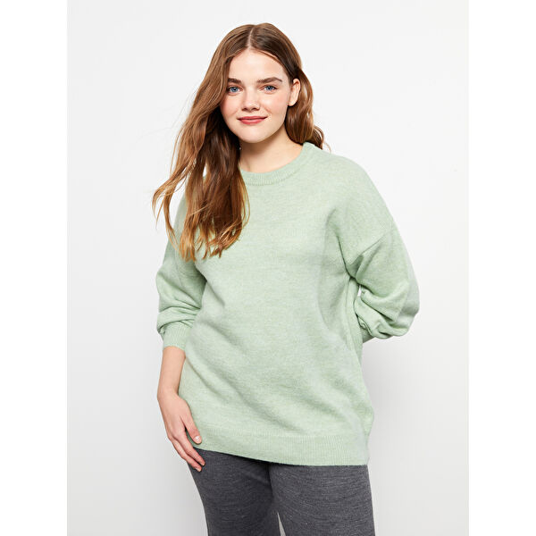 Büyük Beden Bisiklet Yaka Düz Uzun Kollu Kadın Triko Kazak