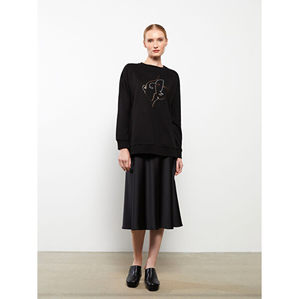 Bisiklet Yaka Baskılı Uzun Kollu Oversize Kadın Sweatshirt