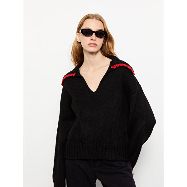 Polo Yaka Düz Uzun Kollu Kadın Triko Kazak