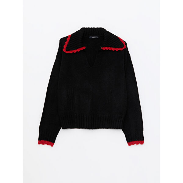 Polo Yaka Düz Uzun Kollu Kadın Triko Kazak