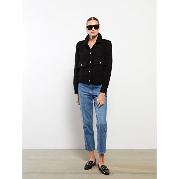 Önden Düğme Kapamalı Düz Uzun Kollu Tüvit Kadın Gömlek Ceket