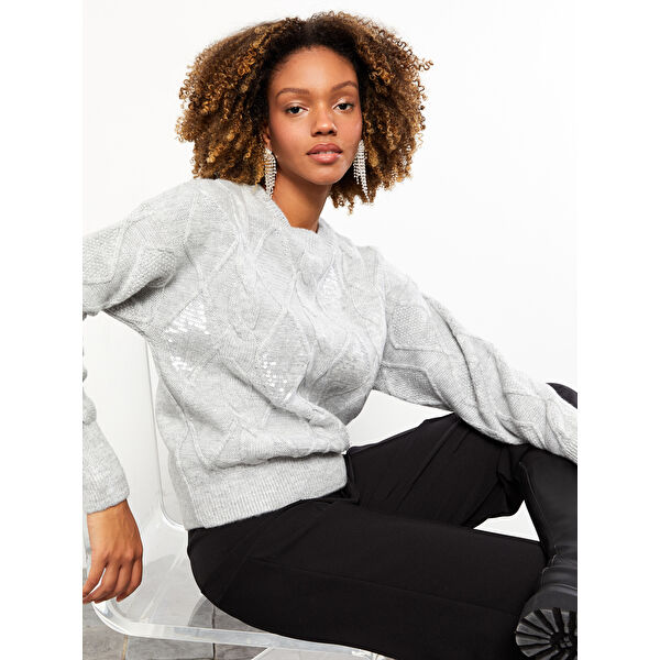 Bisiklet Yaka Desenli Uzun Kollu Kadın Triko Kazak