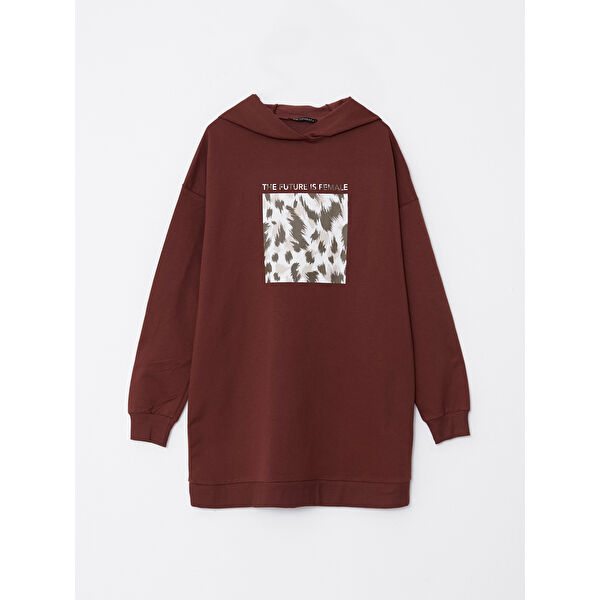 Kapüşonlu Baskılı Uzun Kollu Oversize Kadın Tunik