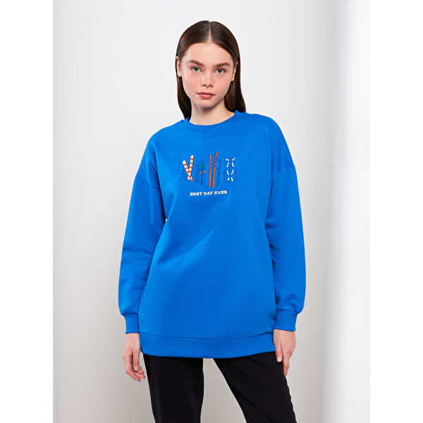 Bisiklet Yaka Nakışlı Uzun Kollu Oversize Kadın Tunik