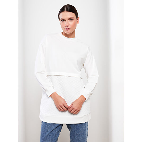 Bisiklet Yaka Kendinden Desenli Uzun Kollu Oversize Kadın Tunik