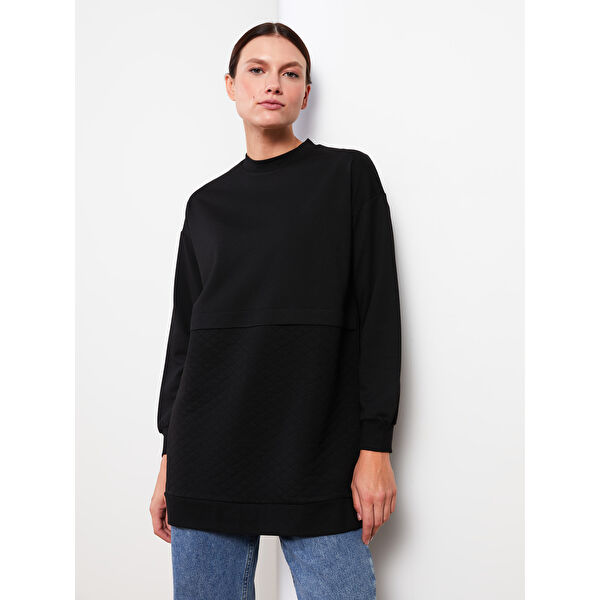 Bisiklet Yaka Kendinden Desenli Uzun Kollu Oversize Kadın Tunik