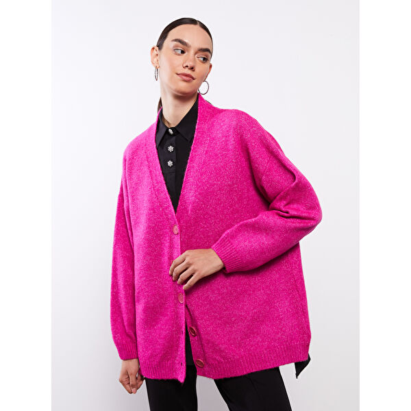 V Yaka Düz Uzun Kollu Kadın Triko Hırka