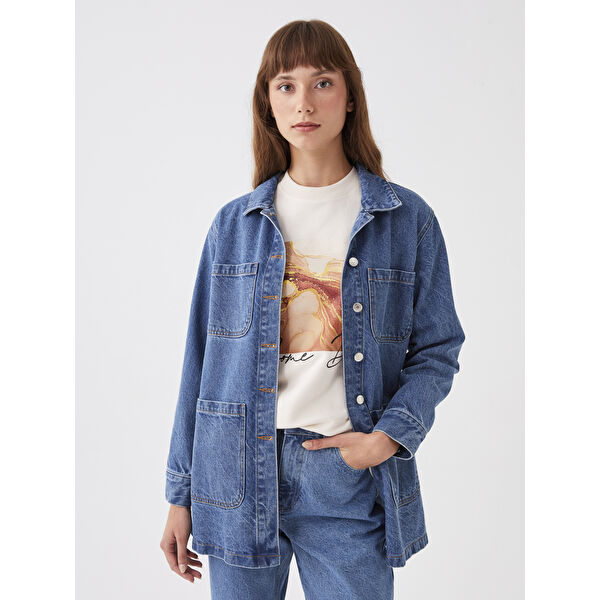 Gömlek Yaka Düz Uzun Kollu Kadın Jean Ceket