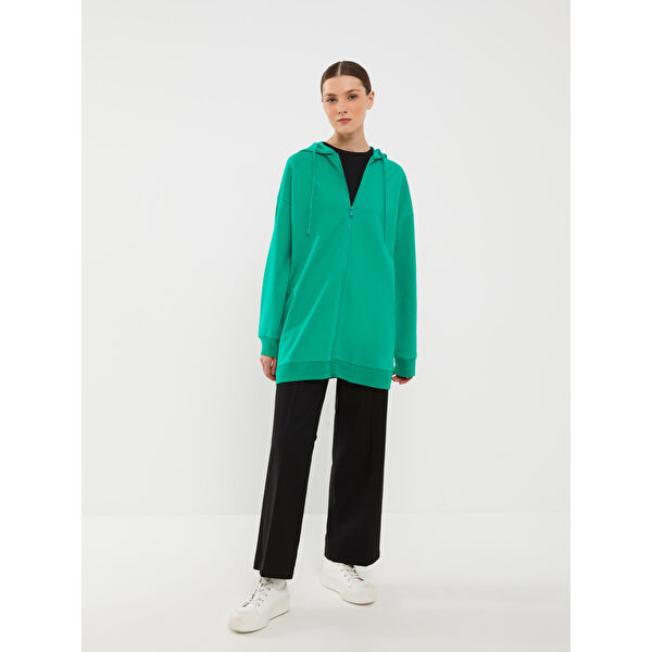 Kapüşonlu Düz Uzun Kollu Oversize Kadın Spor Hırka Kapüşonlu Düz Uzun Kollu Oversize Kadın Spor Hırka