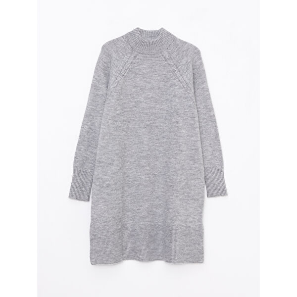 Büyük Beden Dik Yaka Düz Uzun Kollu Kadın Triko Elbise