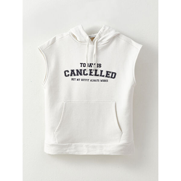Kapüşonlu Baskılı Kolsuz Kadın Sweatshirt