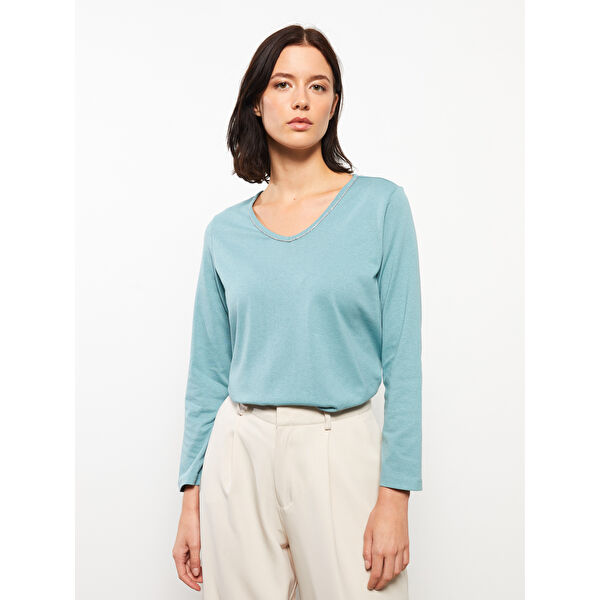 V Yaka Düz Uzun Kollu Kadın Bluz