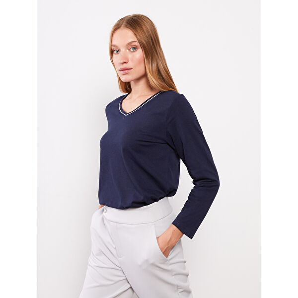 V Yaka Düz Uzun Kollu Kadın Bluz