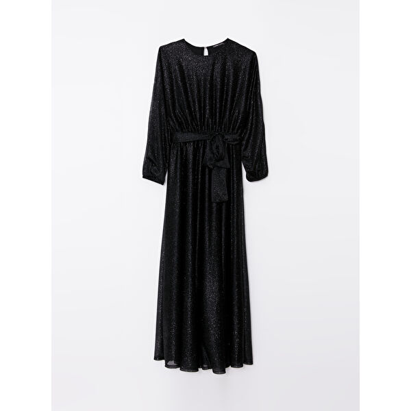 Bisiklet Yaka Sim Baskılı Uzun Kollu Kadın Abiye Elbise