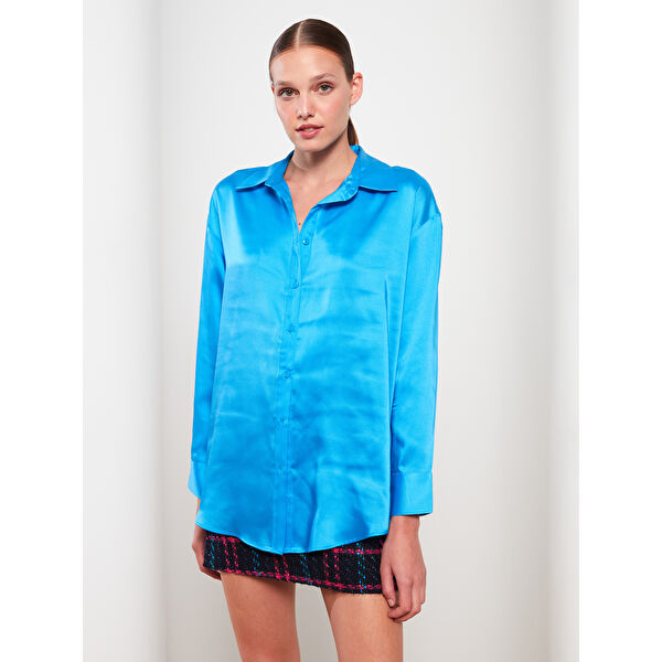 Önden Düğme Kapamalı Düz Uzun Kollu Saten Kadın Gömlek