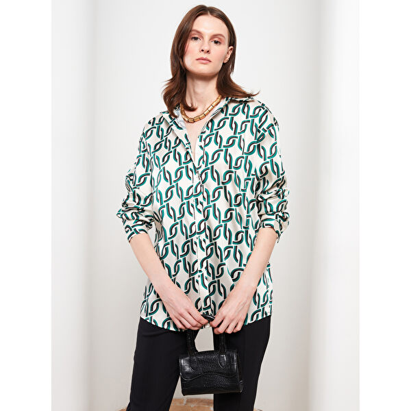 Önden Düğme Kapamalı Desenli Uzun Kollu Saten Kadın Gömlek Önden Düğme Kapamalı Desenli Uzun Kollu Saten Kadın Gömlek