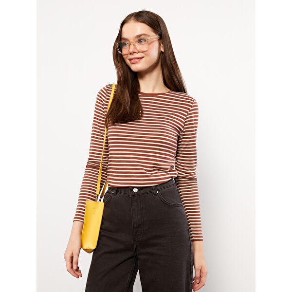 Bisiklet Yaka Çizgili Uzun Kollu Kadın Tişört