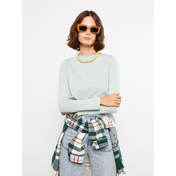 Bisiklet Yaka Çizgili Uzun Kollu Pamuklu Kadın Tişört