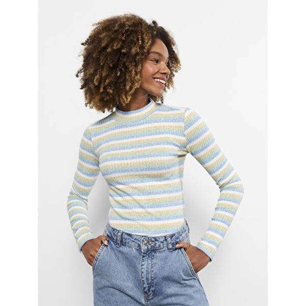 Dik Yaka Çizgili Uzun Kollu Kadın Tişört