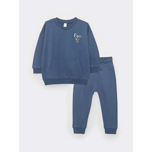 Bisiklet Yaka Uzun Kollu Baskılı Erkek Bebek Sweatshirt ve Pantolon 2'li Takım Bisiklet Yaka Uzun Kollu Baskılı Erkek Bebek Sweatshirt ve Pantolon 2'li Takım