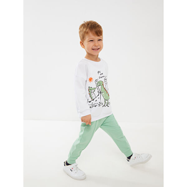 Bisiklet Yaka Uzun Kollu Baskılı Erkek Bebek Sweatshirt ve Pantolon 2'li Takım Bisiklet Yaka Uzun Kollu Baskılı Erkek Bebek Sweatshirt ve Pantolon 2'li Takım