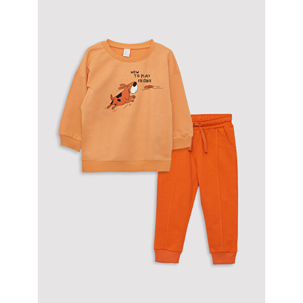 Bisiklet Yaka Uzun Kollu Baskılı Erkek Bebek Sweatshirt ve Pantolon 2'li