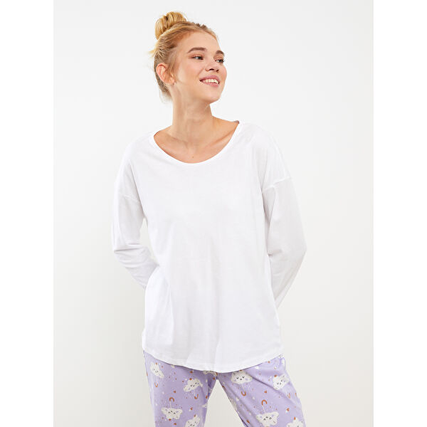 Bisiklet Yaka Desenli Uzun Kollu Pamuklu Kadın Pijama Takımı Bisiklet Yaka Desenli Uzun Kollu Pamuklu Kadın Pijama Takımı