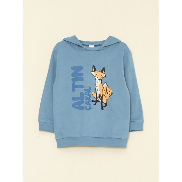 Kapüşonlu Uzun Kollu Baskılı Organik Pamuklu Erkek Bebek Sweatshirt Kapüşonlu Uzun Kollu Baskılı Organik Pamuklu Erkek Bebek Sweatshirt