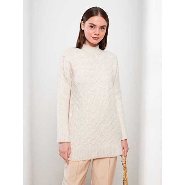 Dik Yaka Kendinden Desenli Uzun Kollu Kadın Triko Tunik